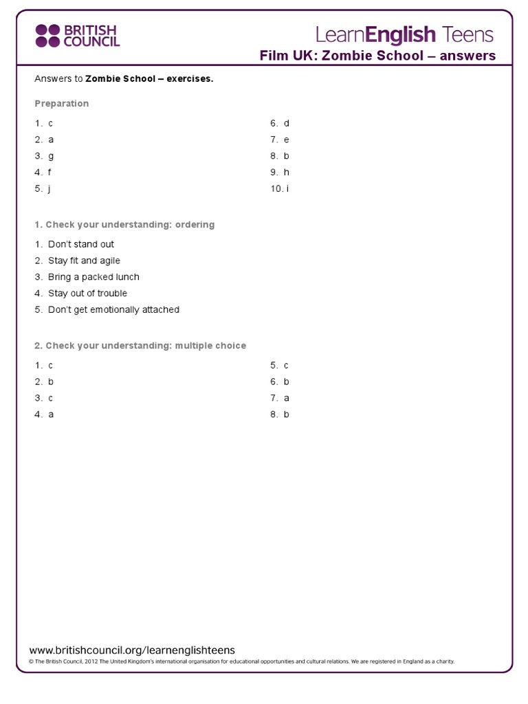 Film UK: Zombie School - Answers: Preparation | PDF | Language Arts ...