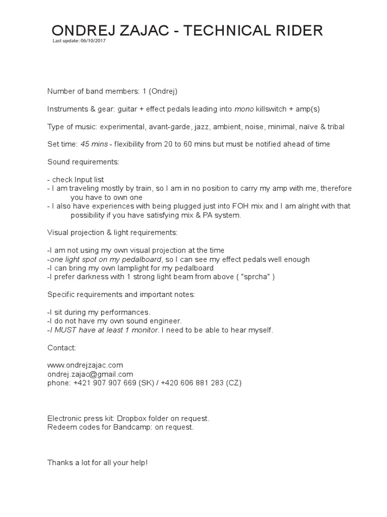 Ondrej Zajac Technical Rider PDF | PDF | Music Technology | Musical ...