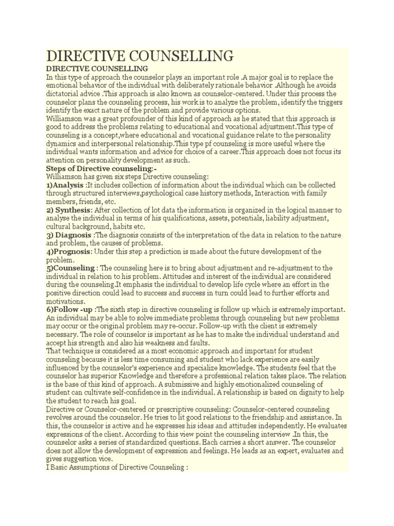 Directive Counseling: Six Steps, Assumptions, Advantages, and ...