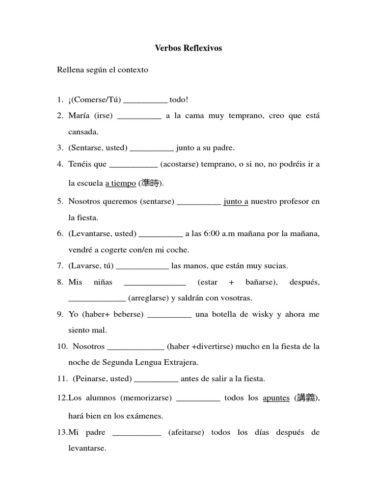 Ejercicios de Verbos Reflexivos en Español | PDF