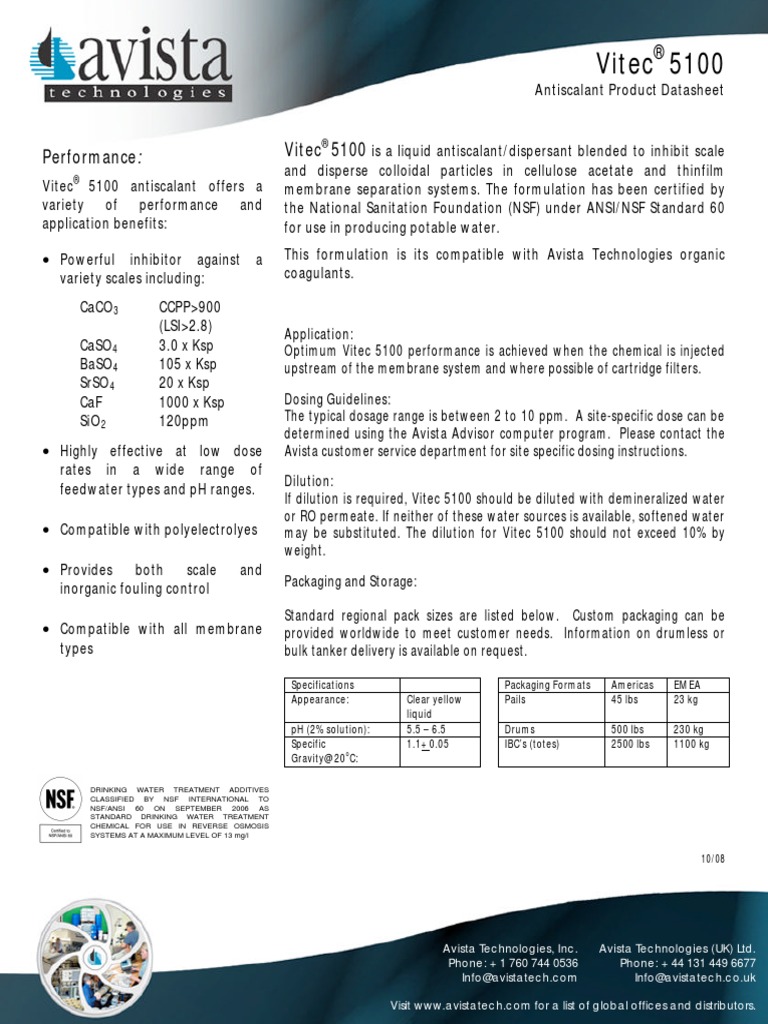 Vitec 5100 Antiscalant Datasheet | Membrane | Water Purification