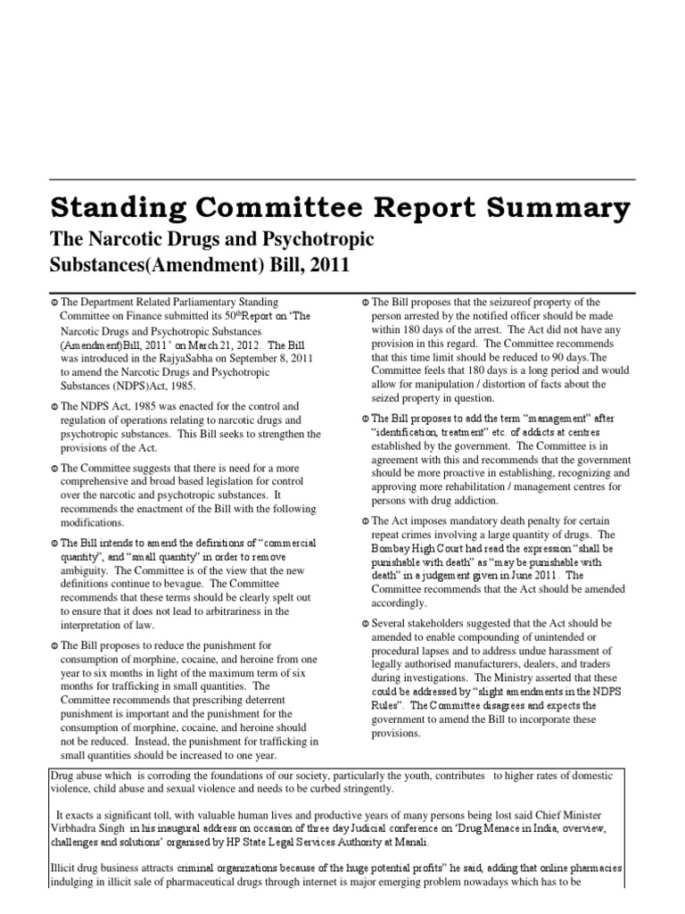 Standing Committee Report Summary: The Narcotic Drugs and Psychotropic ...