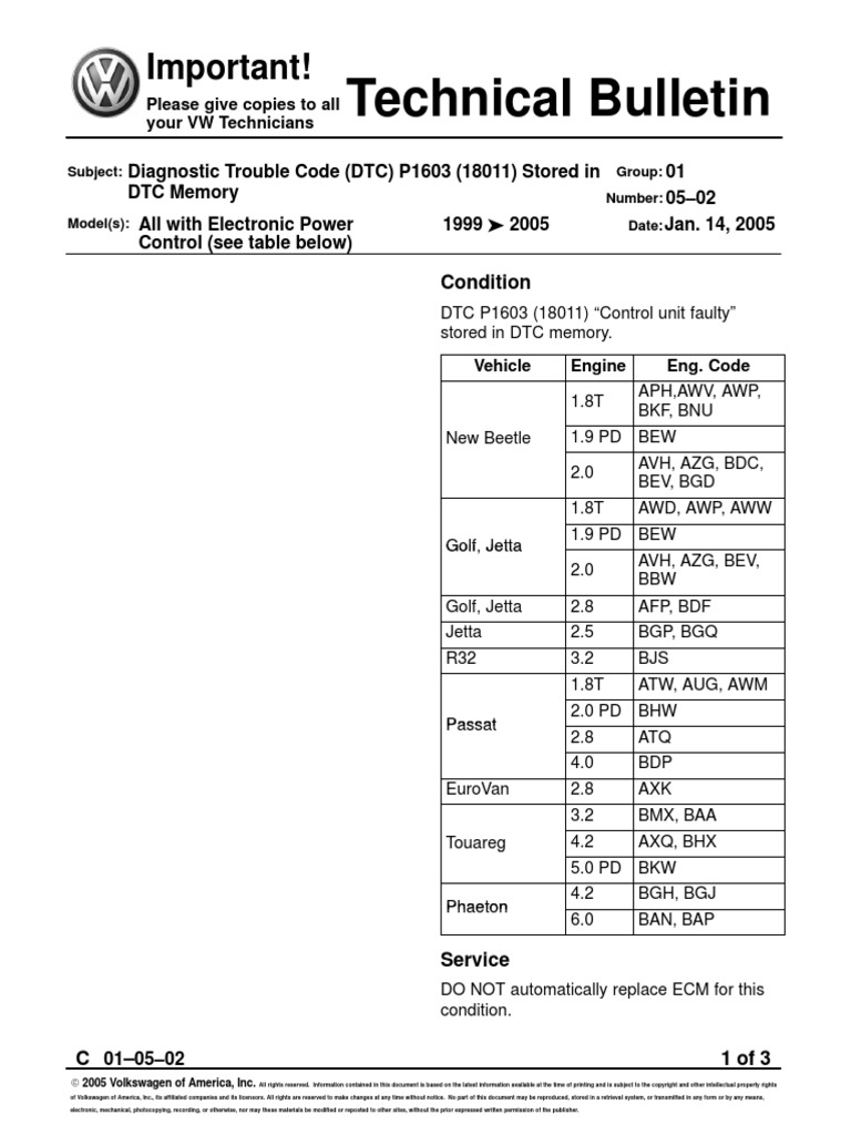 Vw.tb.01!05!02 Diagnostic Trouble Code DTC P1603 Stored in DTC ...