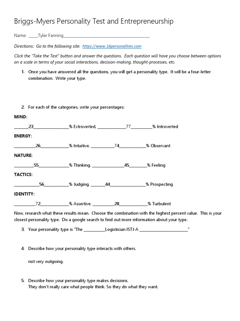 Personality Test Assignment | PDF | Personality Type | Behavioural Sciences