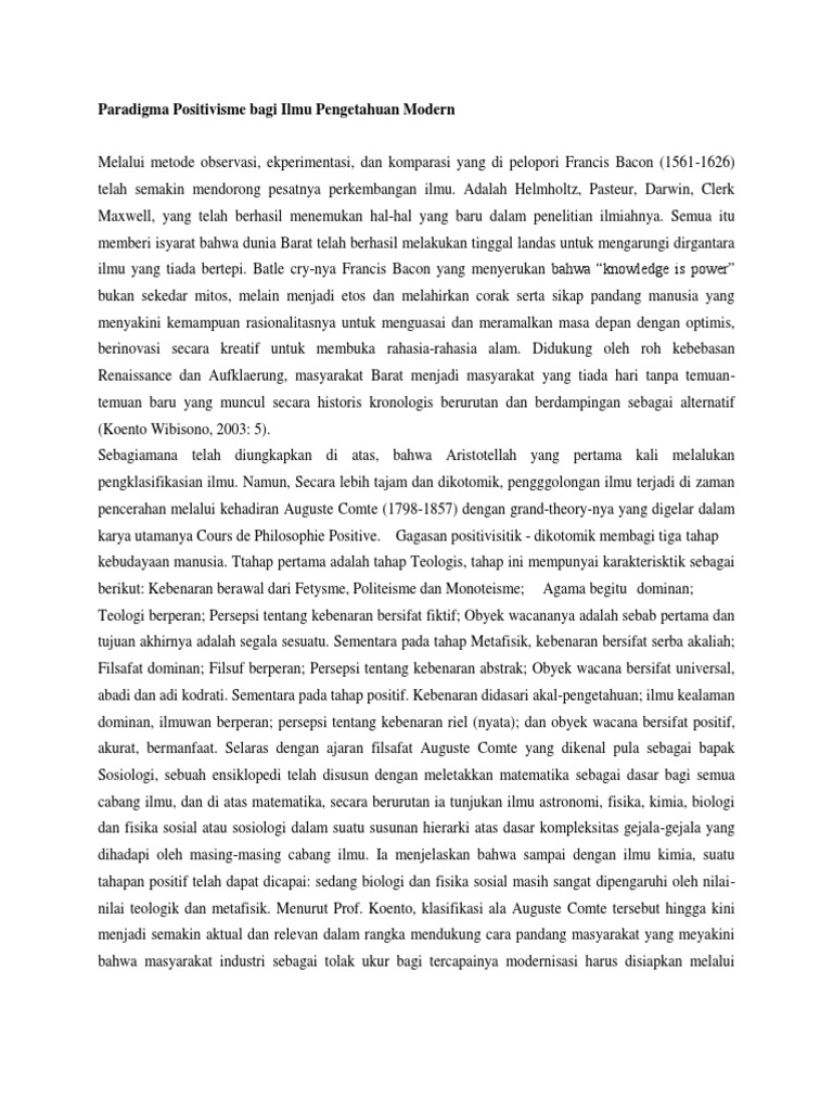 Paradigma Positivisme Bagi Ilmu Pengetahuan Modern | PDF