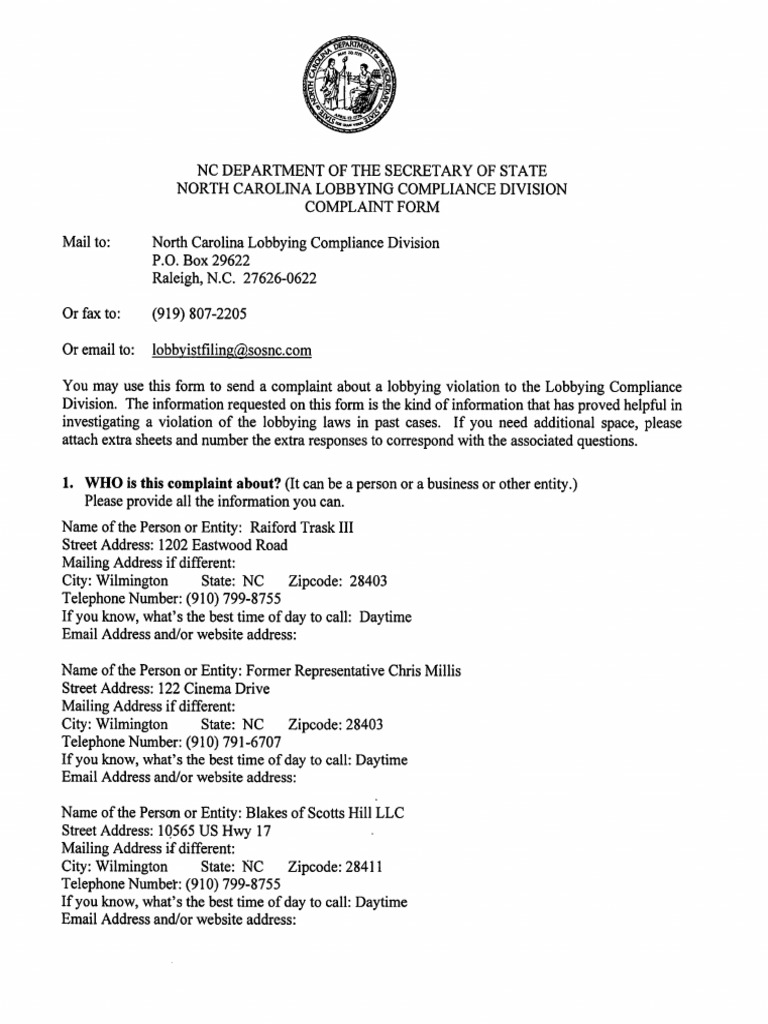 Lobbying Compliance Complaint Against Raiford Trask, III and Former Rep ...