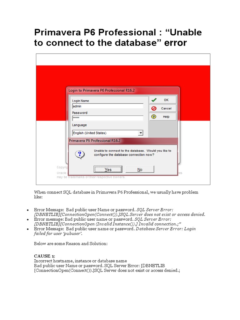 Primavera P6 Professional Unable To Connect To Database | PDF ...