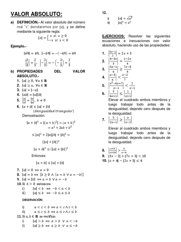 Clases Valor Absoluto y Sus Propiedades | PDF | Desigualdad ...