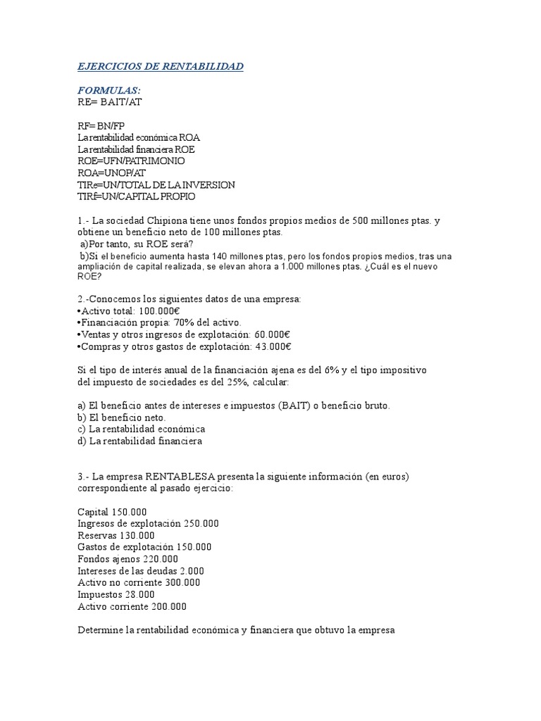 Ejercicios Rentabilidad | PDF | Rentabilidad sobre recursos propios | Interés