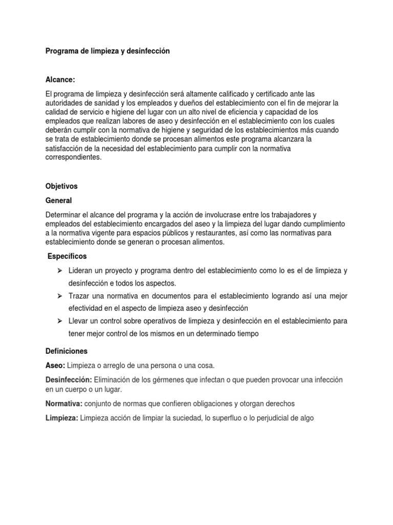 Programa de Limpieza y Desinfección | PDF | Detergente | Agua