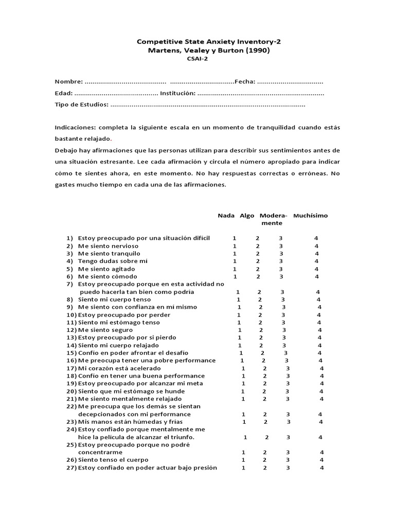 Competitive State Anxiety Inventory | PDF | Sicología | Ciencias del comportamiento