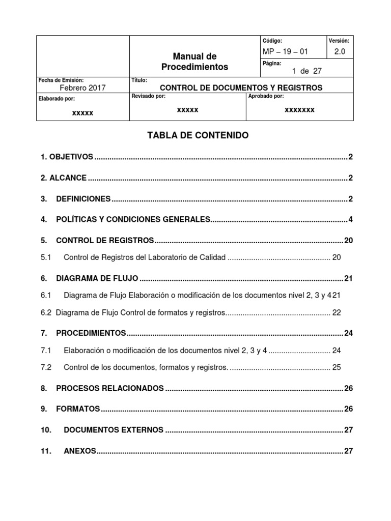 Manual de Procedimientos Control de Documentos y Registros | Calidad ...
