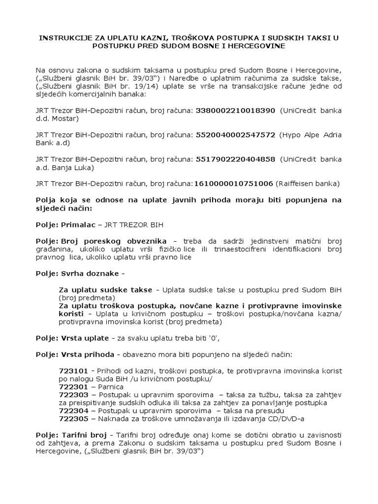 Instrukcija Za Uplatu Sudskih Taksi - Bos | PDF