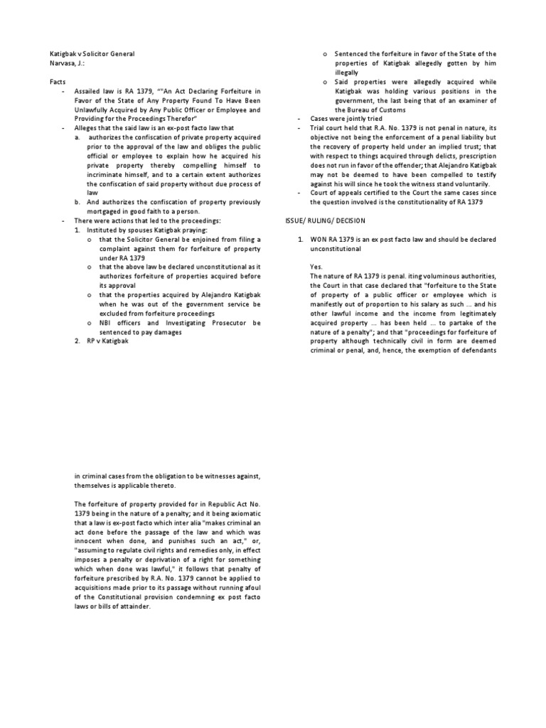 Katigbak V Solgen | PDF | Asset Forfeiture | Ex Post Facto Law