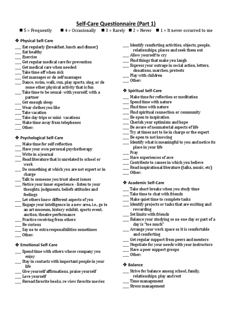 Self-Care Questionnaire and Contract | Coping (Psychology) | Stress ...