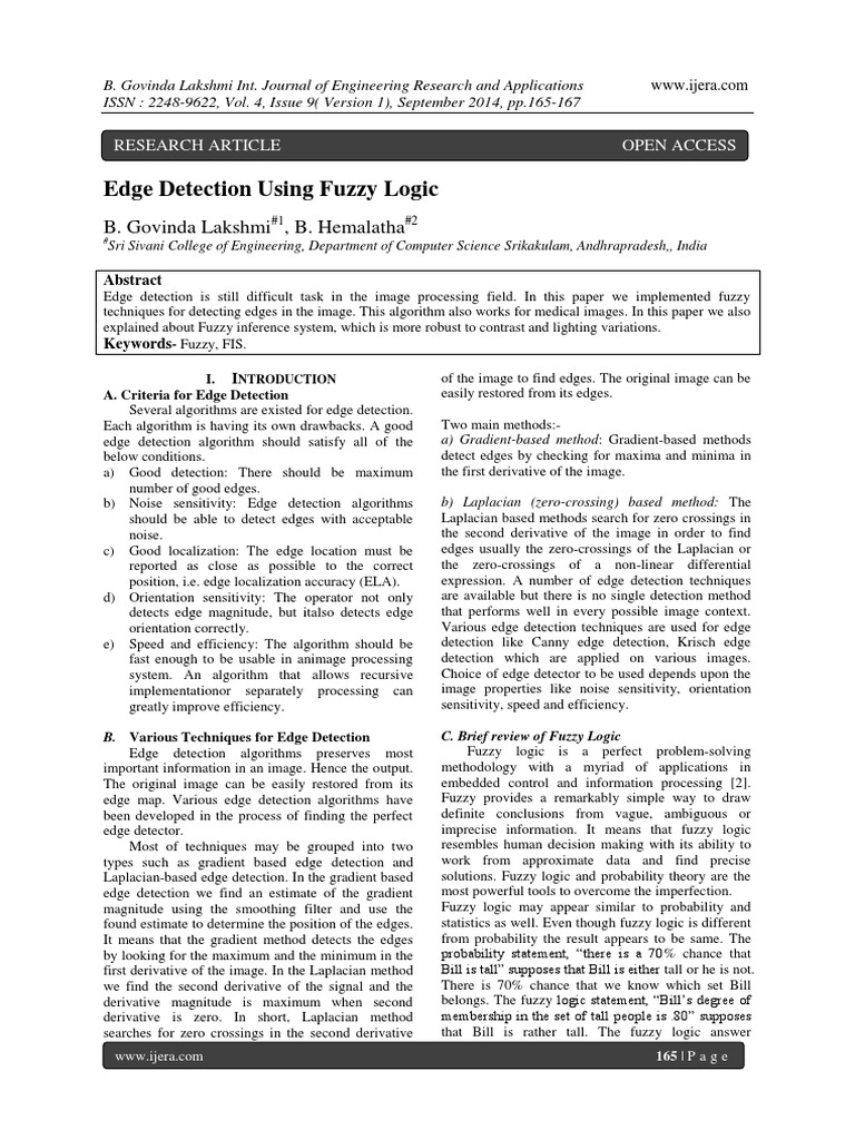 Edge Detection Using Fuzzy Logic: B. Govinda Lakshmi, B. Hemalatha | PDF | Fuzzy Logic | Cybernetics