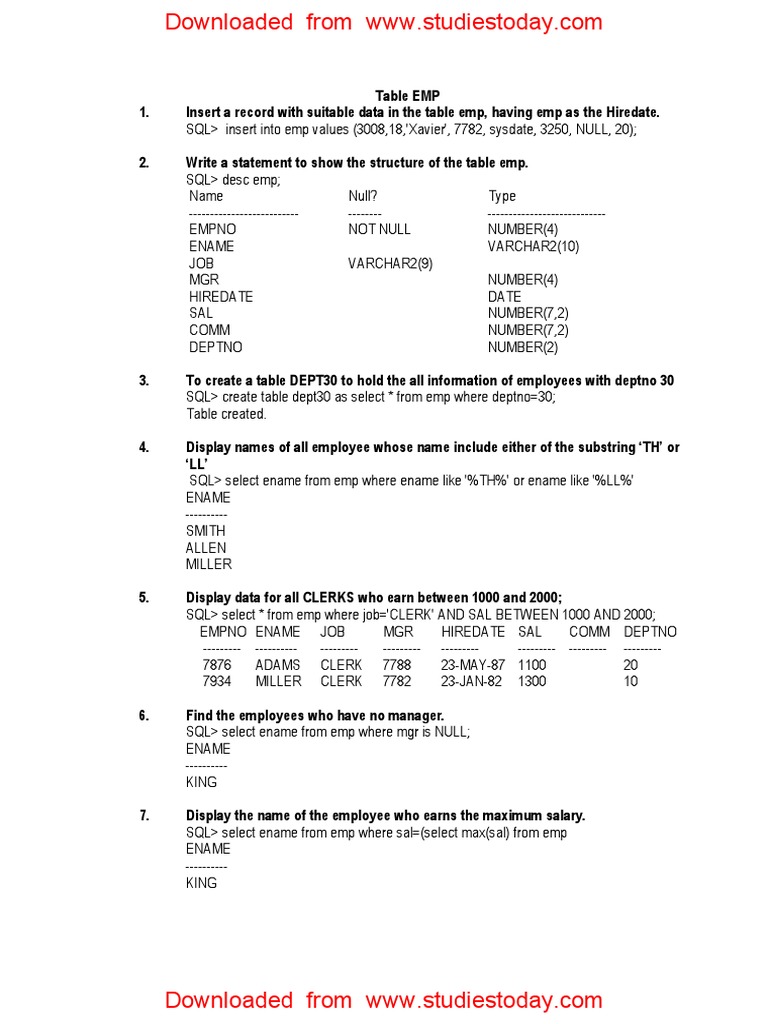 Cbse Class 12 Computer Science Solved Sql Queries Pdf Sql Areas Of Computer Science