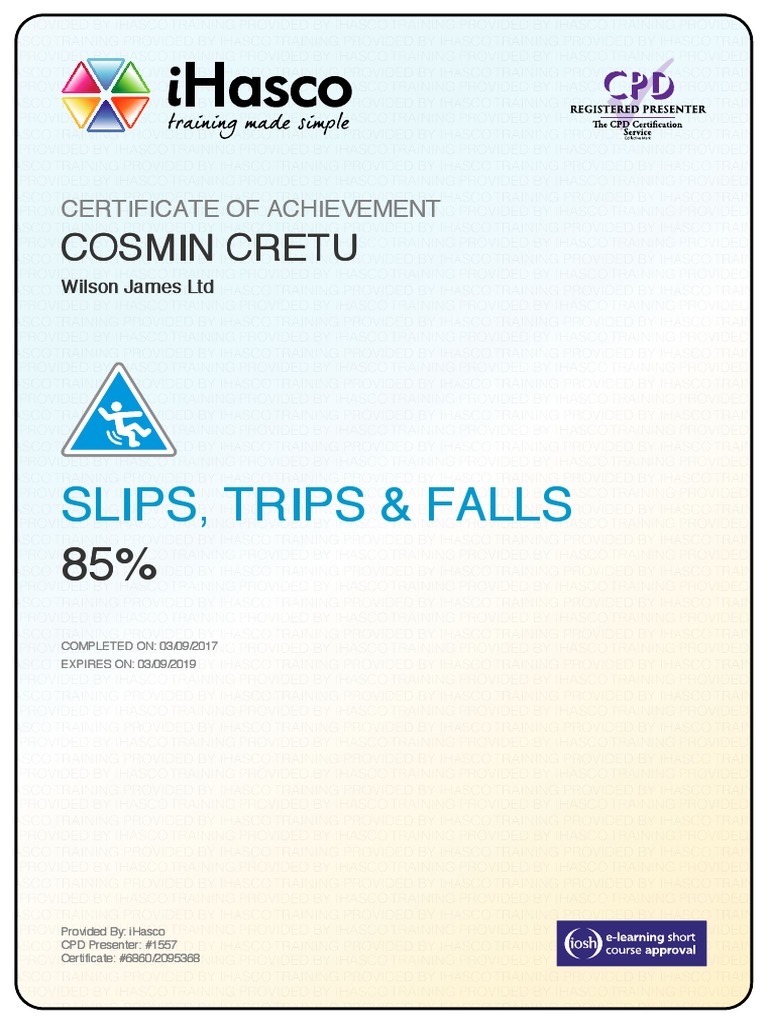 Certificate of Achievement: Slips, Trips & Falls | PDF | Finance ...