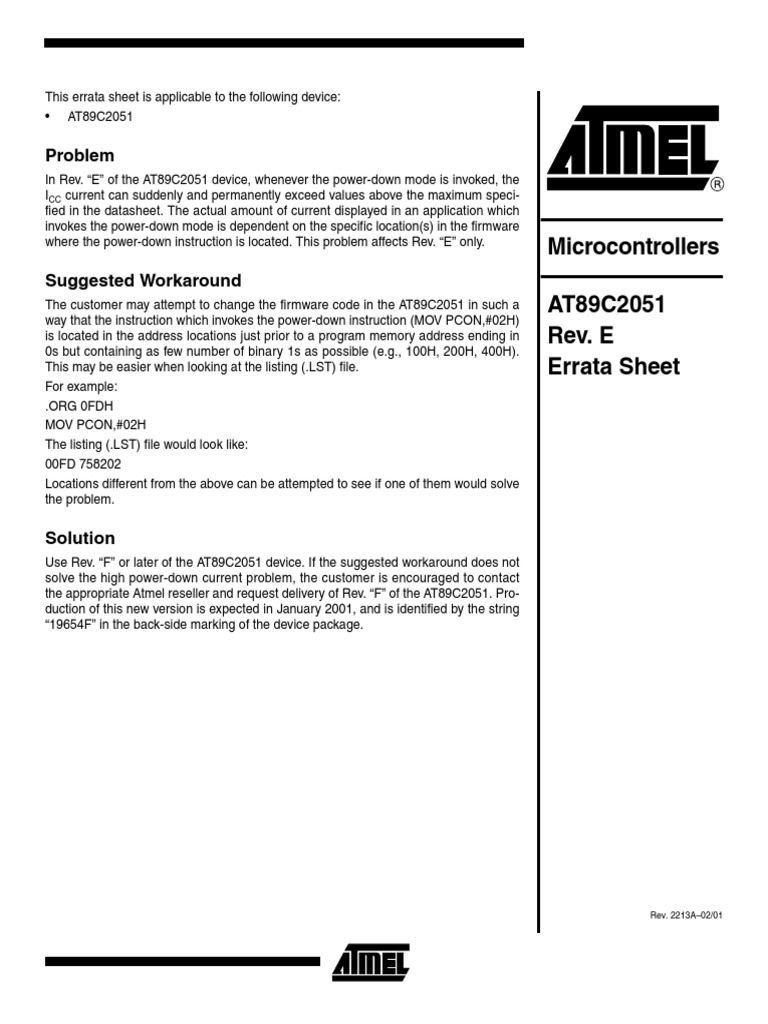 Microcontrollers AT89C2051 Rev. E Errata Sheet: Problem | PDF | Computer Engineering | Computer ...