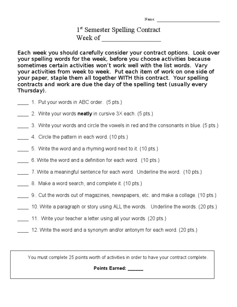 Spelling Contracts Semester1 | PDF