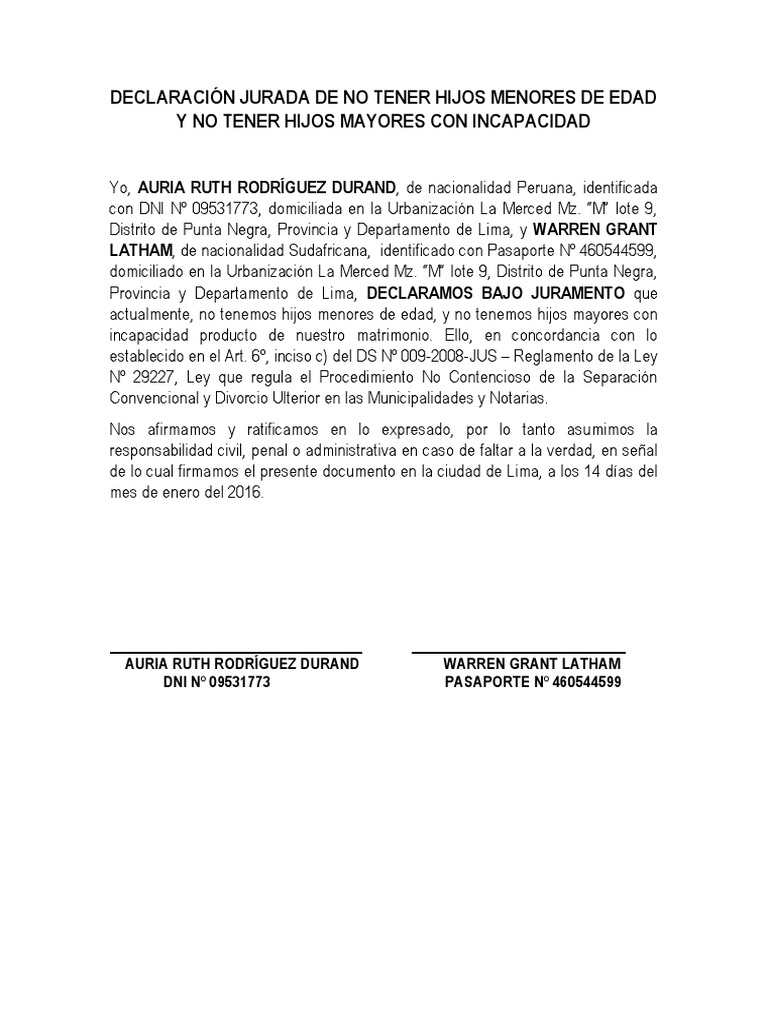 Declaración Jurada de No Tener Hijos Menores de Edad y No Tener Hijos Mayores Con Incapacidad ...