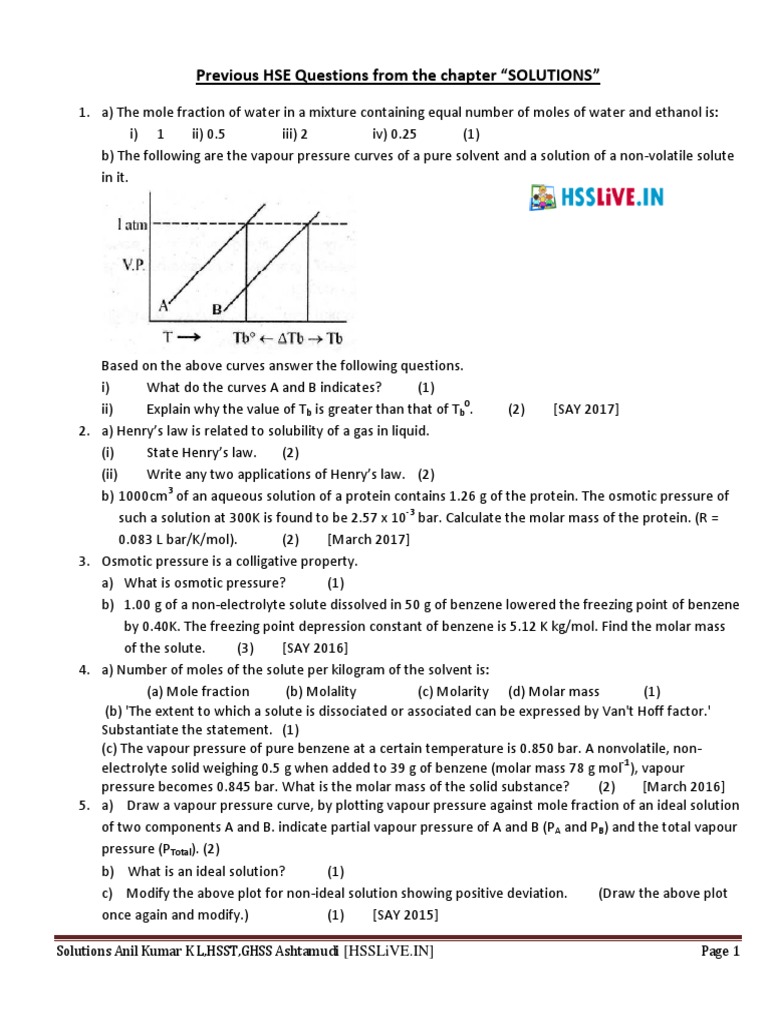 Hsslive XII Chem QN Bank 2 Solutions | PDF | Solution | Physical Chemistry
