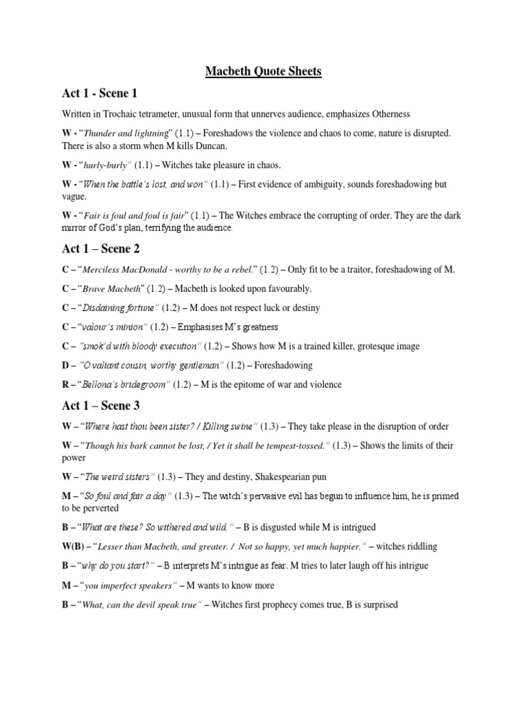 Macbeth Quote Sheets | PDF | Macbeth | Religion And Belief