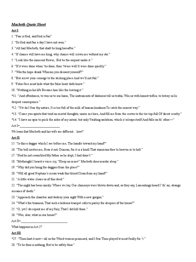 Macbeth Quote Sheet | PDF | Macbeth | Religion And Belief
