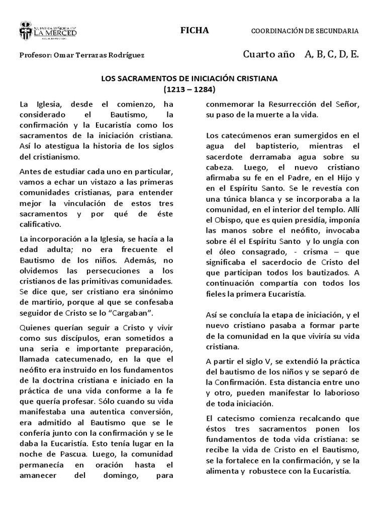 Ficha 5 Los Sacramentos de Iniciación Cristiana 2017 | PDF | Bautismo ...