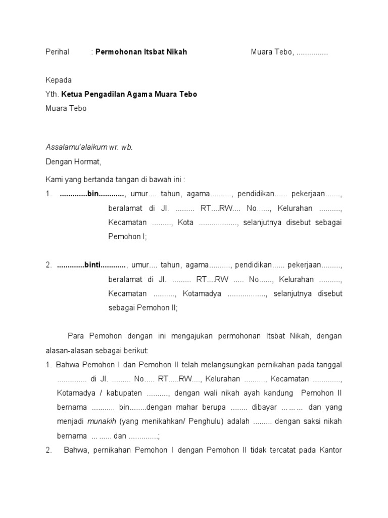 Contoh Format Permohonan Itsbat Nikah Voluntair | PDF