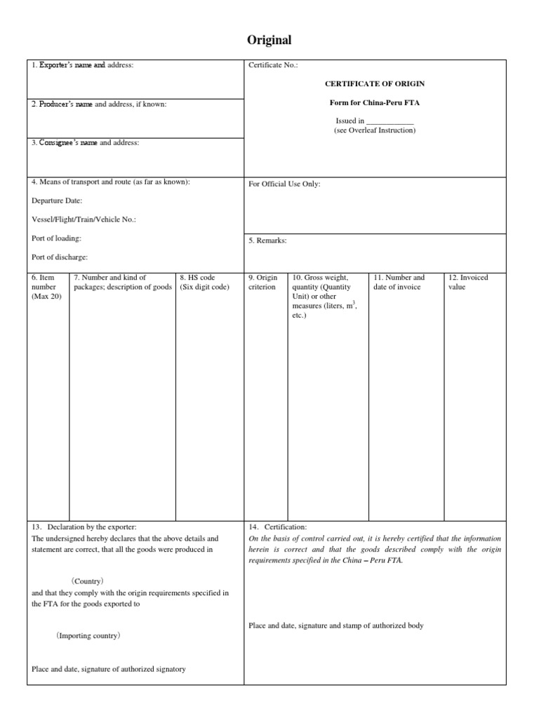China-Peru FTA Certificate of Origin | PDF | Invoice | Tariff