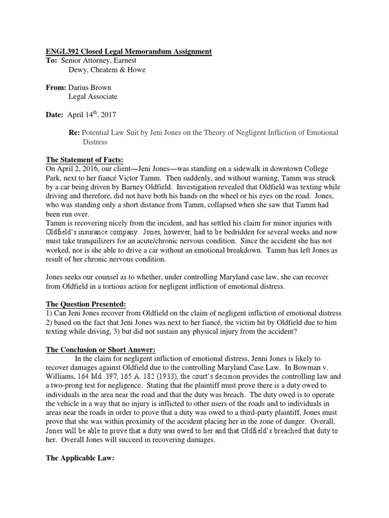 Engl392 Closed Legal Memo | PDF | Negligence | Damages
