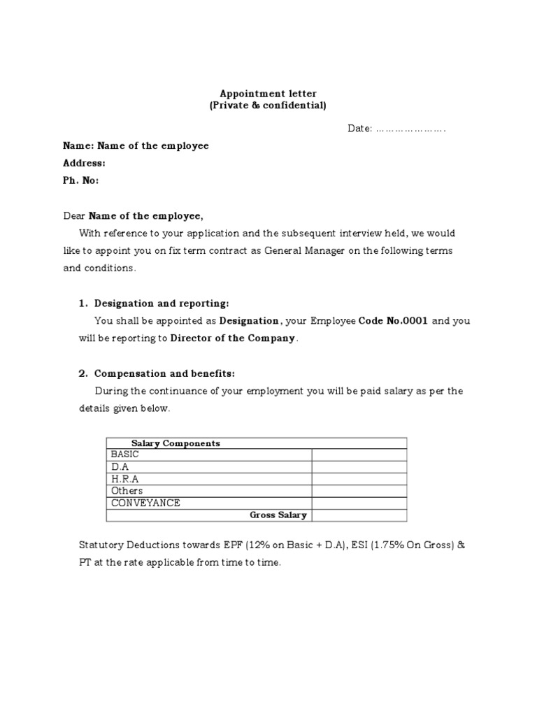 Formate of Appointment Letter-1 | Employment | Salary