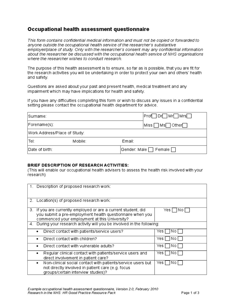 Occupational Health Assessment Questionnaire Version 2 February 2010 (1 ...