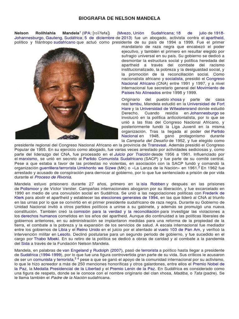 Biografia de Nelson Mandela | PDF | Nelson Mandela | Movimientos sociales