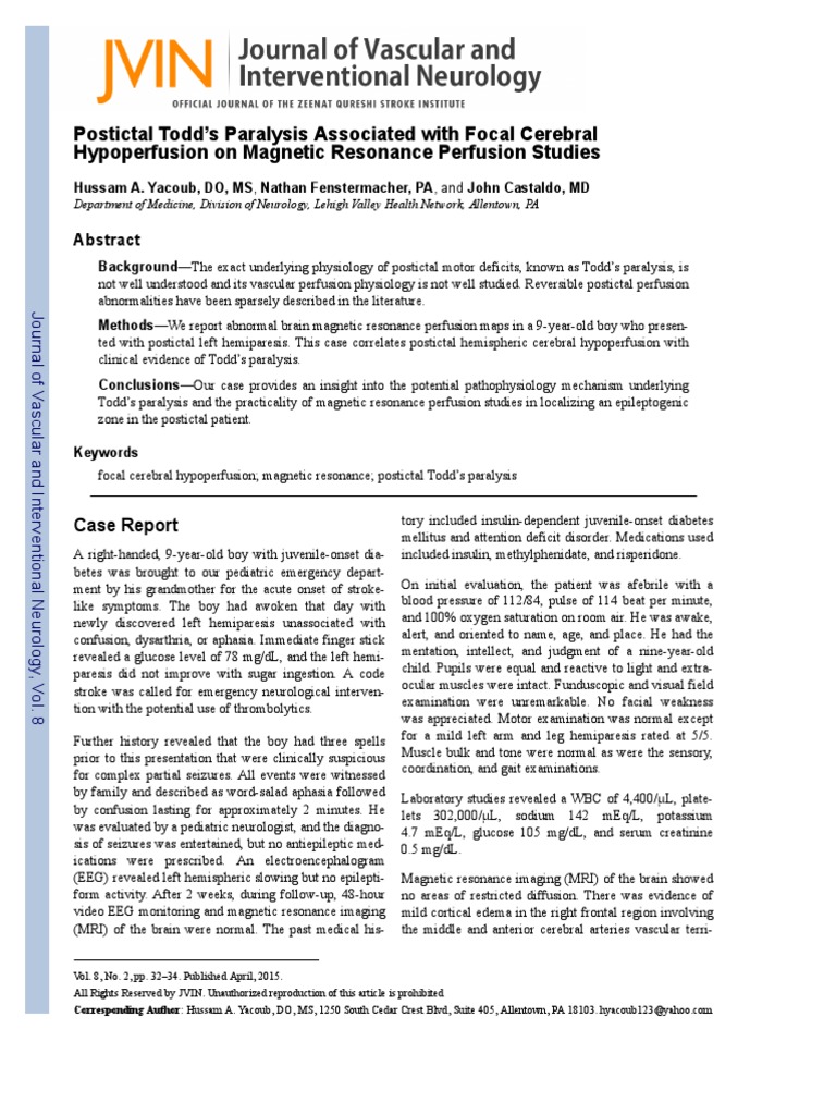 Postictal Todd's Paralysis Associated with Focal Cerebral Hypoperfusion ...