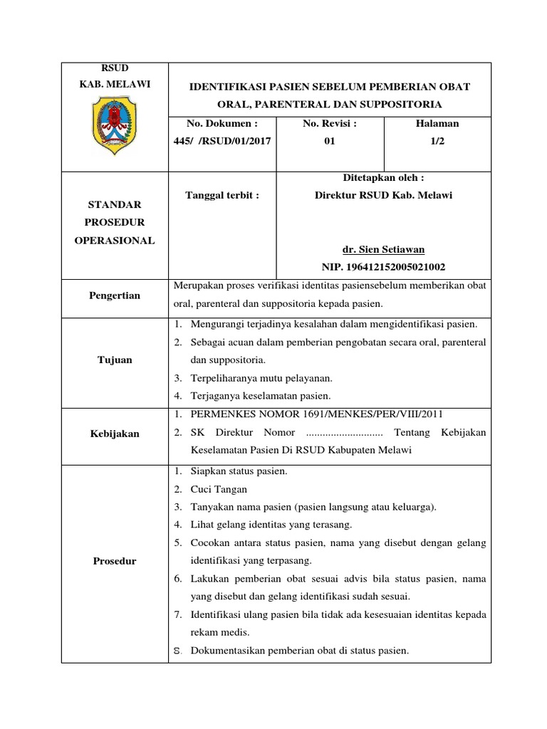 Sop Identifikasi Pasien Sebelum Pemberian Obat Oral, Parenteral Dan Suppositoria | PDF