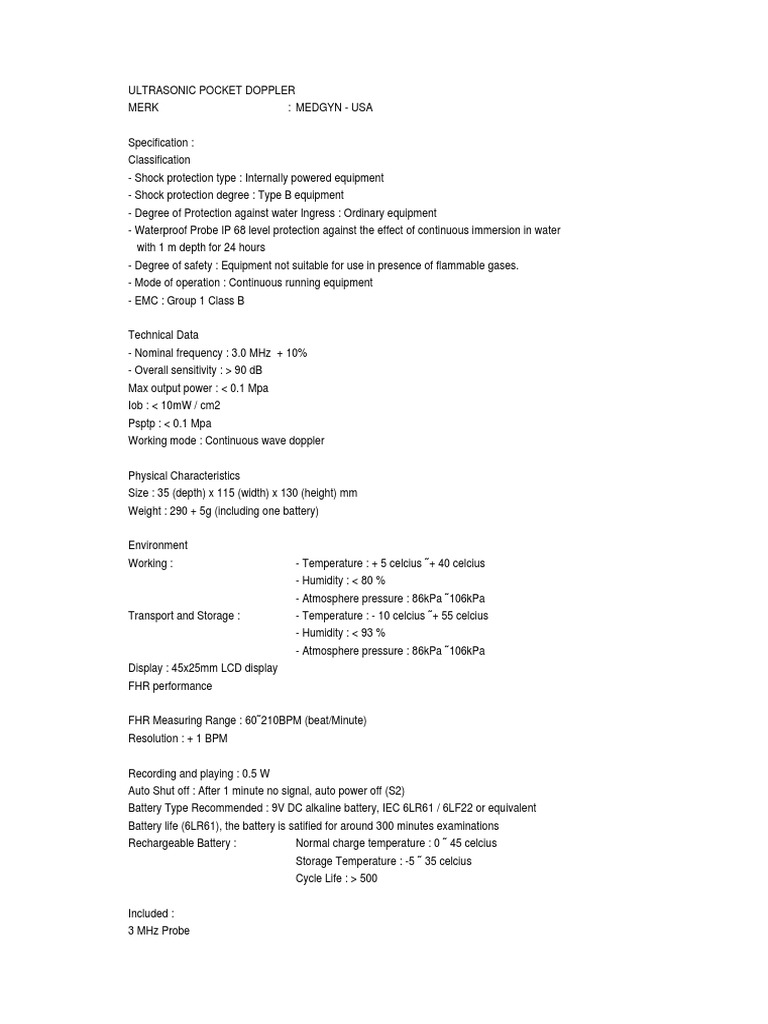 Spesifikasi Medgyn Ultrasonic Pocket Doppler | PDF