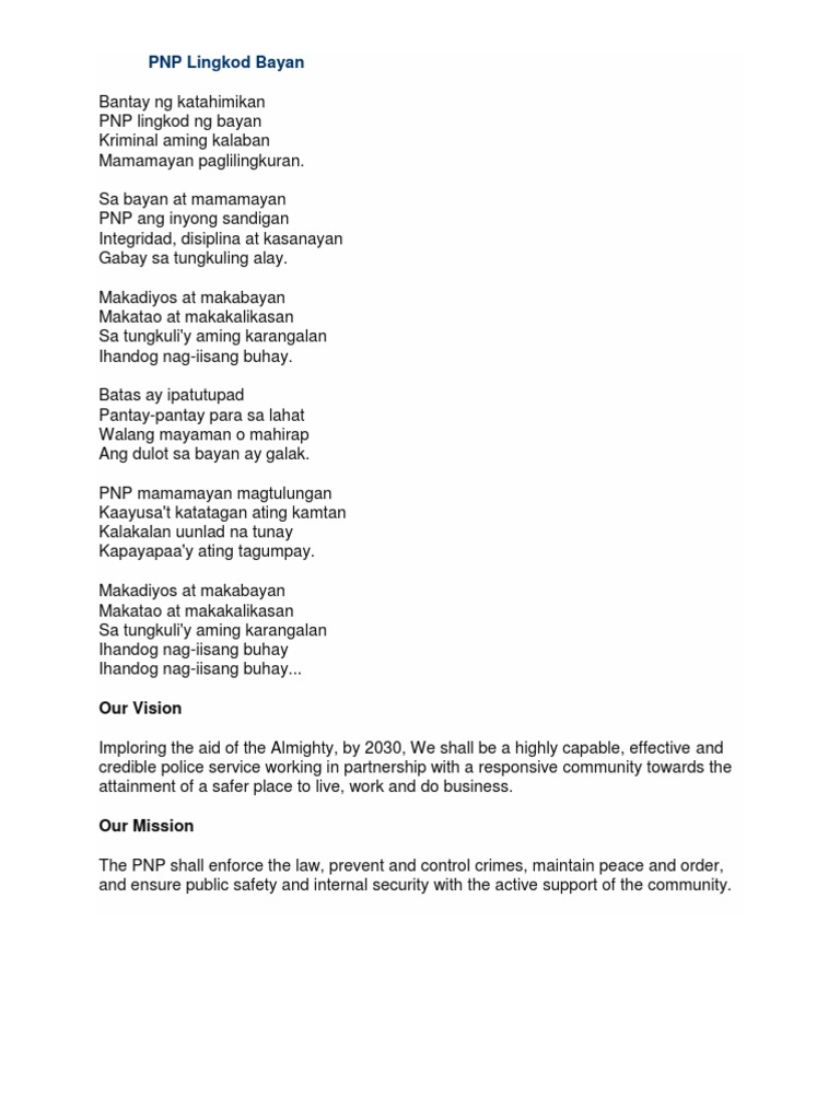 PNP Vision, Mission, and Core Values | PDF | Social Science | Law