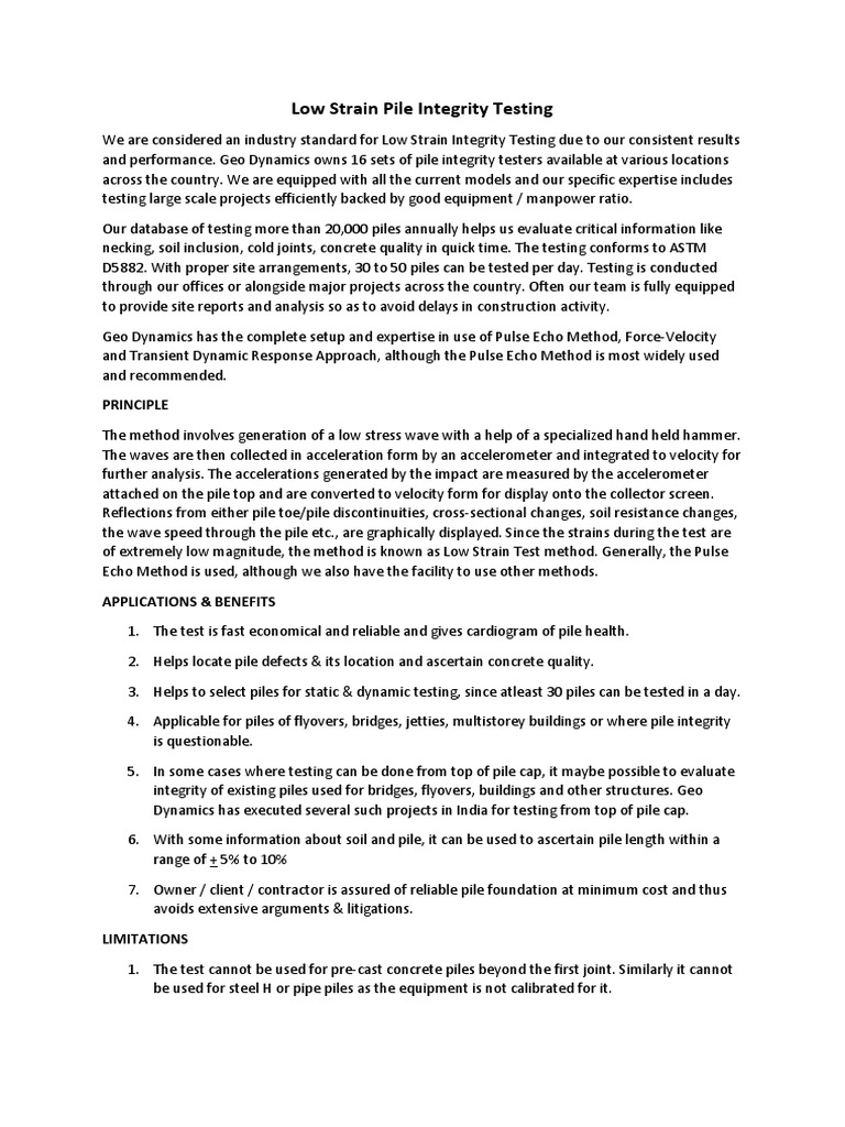 Low Strain Pile Integrity Testing | PDF | Mechanical Engineering | Physics