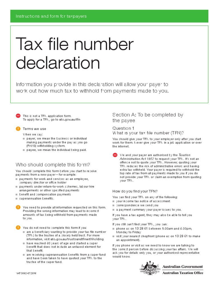 TFN Declaration Form PDF | PDF | Withholding Tax | Payments
