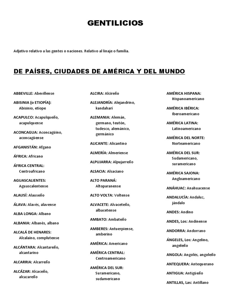Gentilicios del Mundo y América | PDF