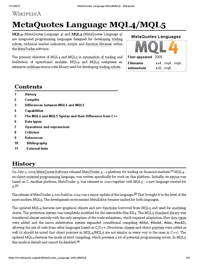 MetaQuotes Language MQL4 - MQL5 - Wikipedia | PDF | Computer ... MetaQuotes Language MQL4 - MQL5 - Wikipedia | PDF | Computer ...