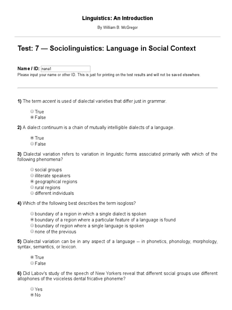 Linguistics - An Introduction - Test - 7 - Sociolinguistics - Language ...