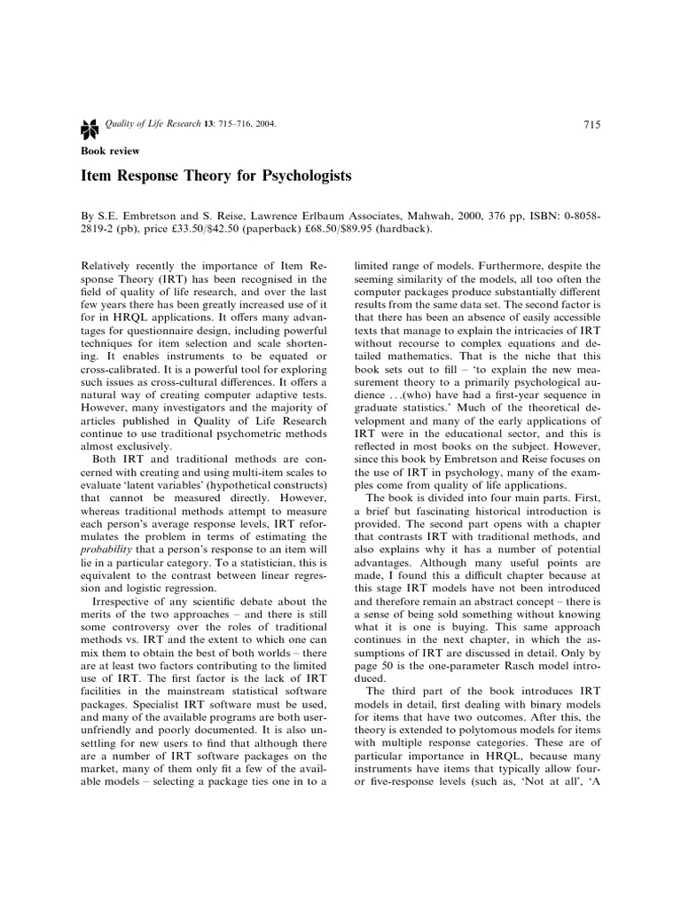 Item Response Theory For Psychologists PDF | PDF | Statistics ...