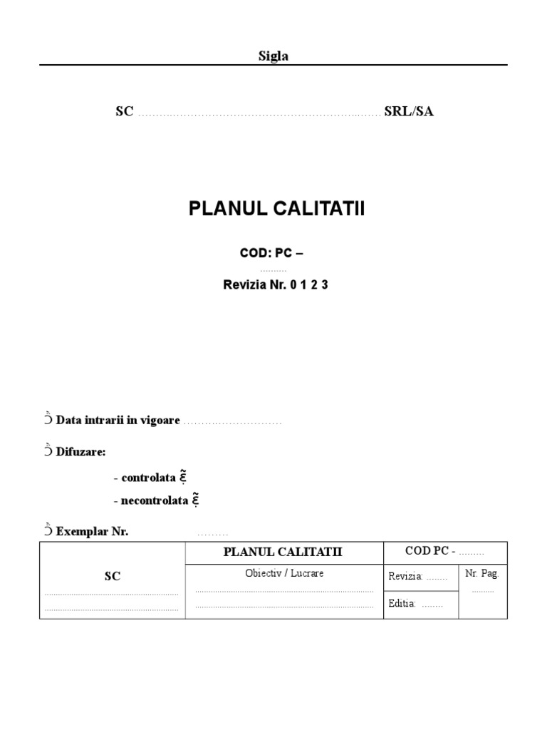 Planul Calitatii - Model | PDF