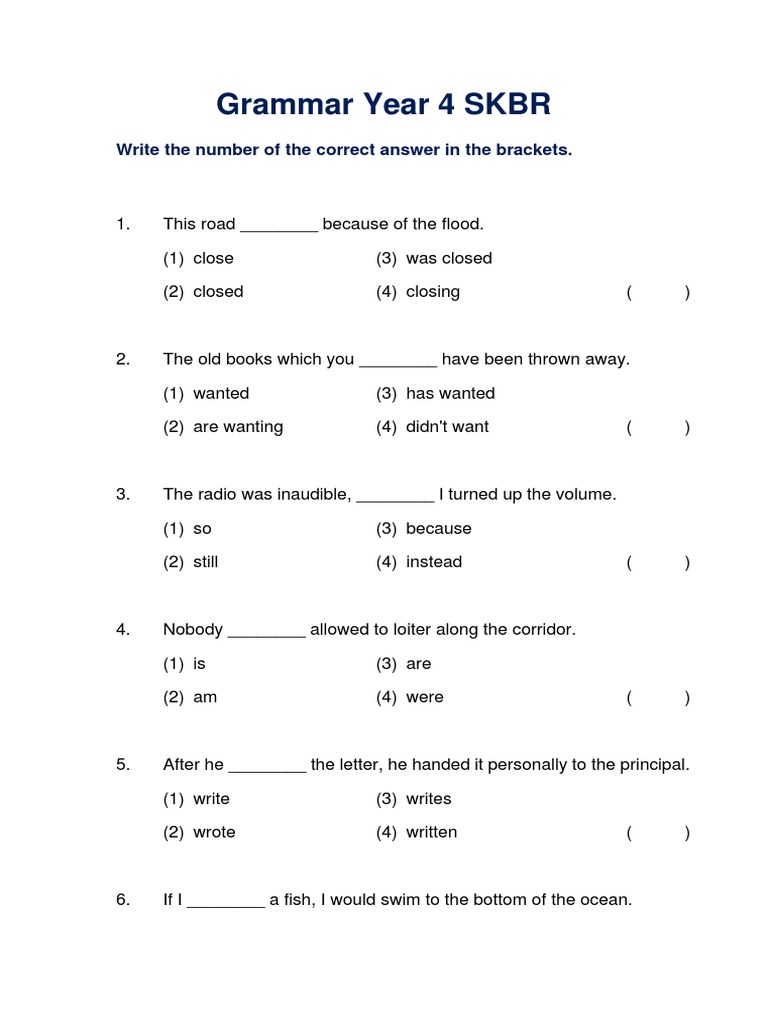 Grammar Year 4 SKBR: Write The Number of The Correct Answer in The ...