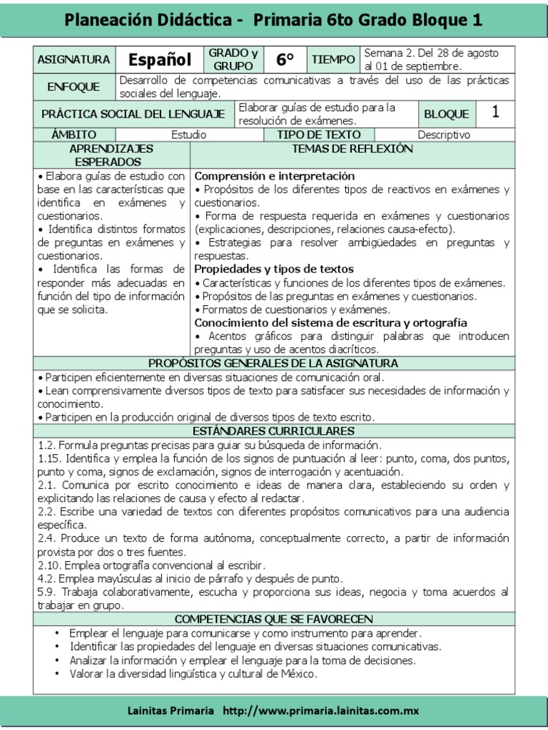 Plan 6to Grado - Bloque 1 Español (2017-2018) | PDF | Cuestionario ...