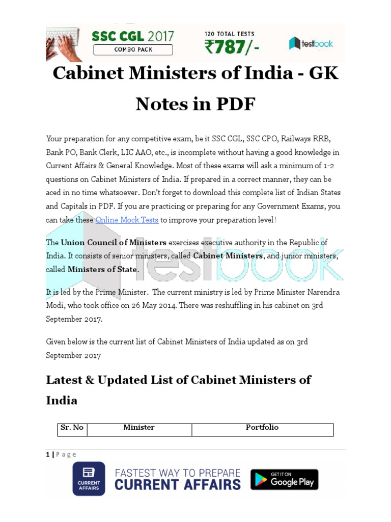 Cabinet Ministers of India GK Notes in PDF | Download Free PDF ...