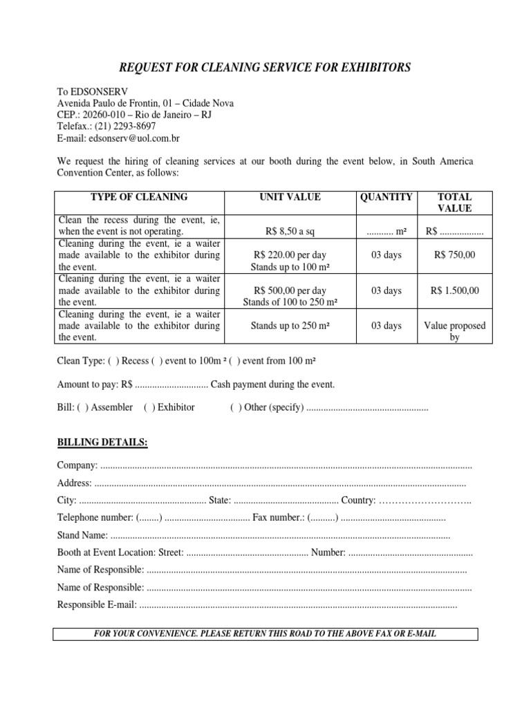 Cleaning Service Form | Download Free PDF | Telecommunications | Economies